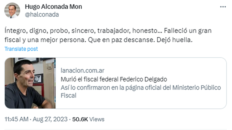 Murió el fiscal federal Federico Delgado