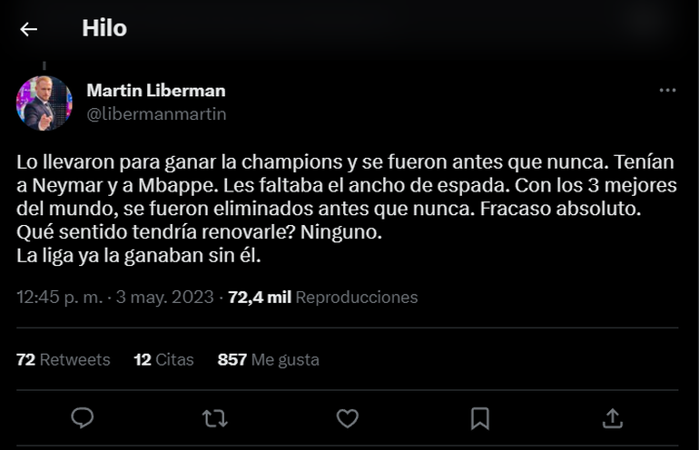 Martín Liberman fue con todo contra Lionel Messi y el PSG de cara al futuro