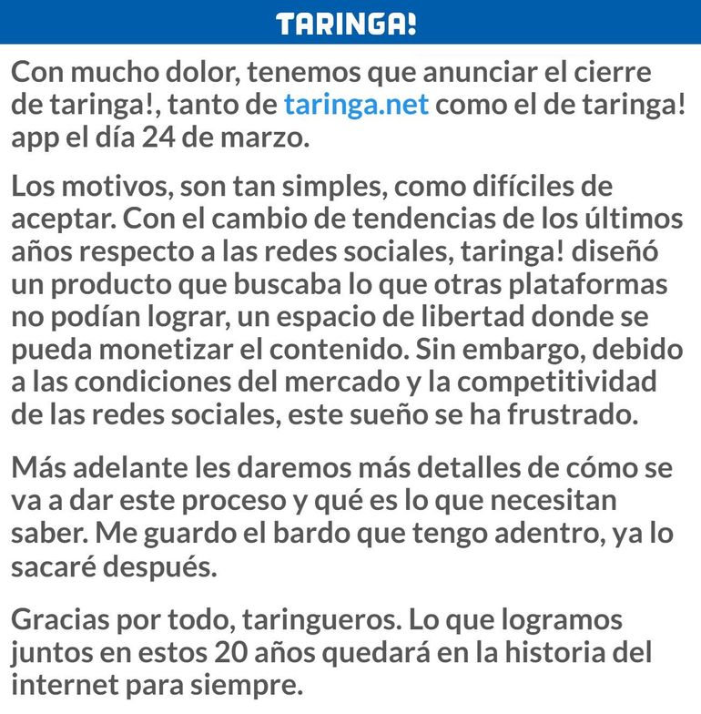 Tristeza y dolor: Taringa! se despide para siempre