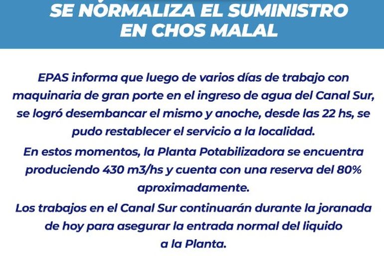 Tras varios días de trabajo, se normaliza el agua en Chos Malal