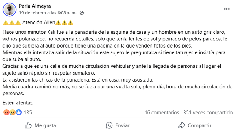 Alerta en las redes por el intento de secuestro de una menor en el Alto ...